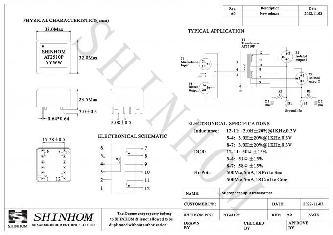 500Vac Microphone Splitter Transformer , AF Transformer Low Frequency