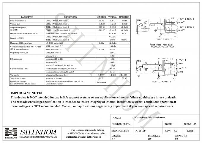 500Vac Microphone Splitter Transformer , AF Transformer Low Frequency